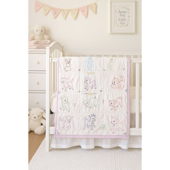 Handmade | Bedding | Vintage Baby Quilt Hand Embroidered Animals Pastel ...